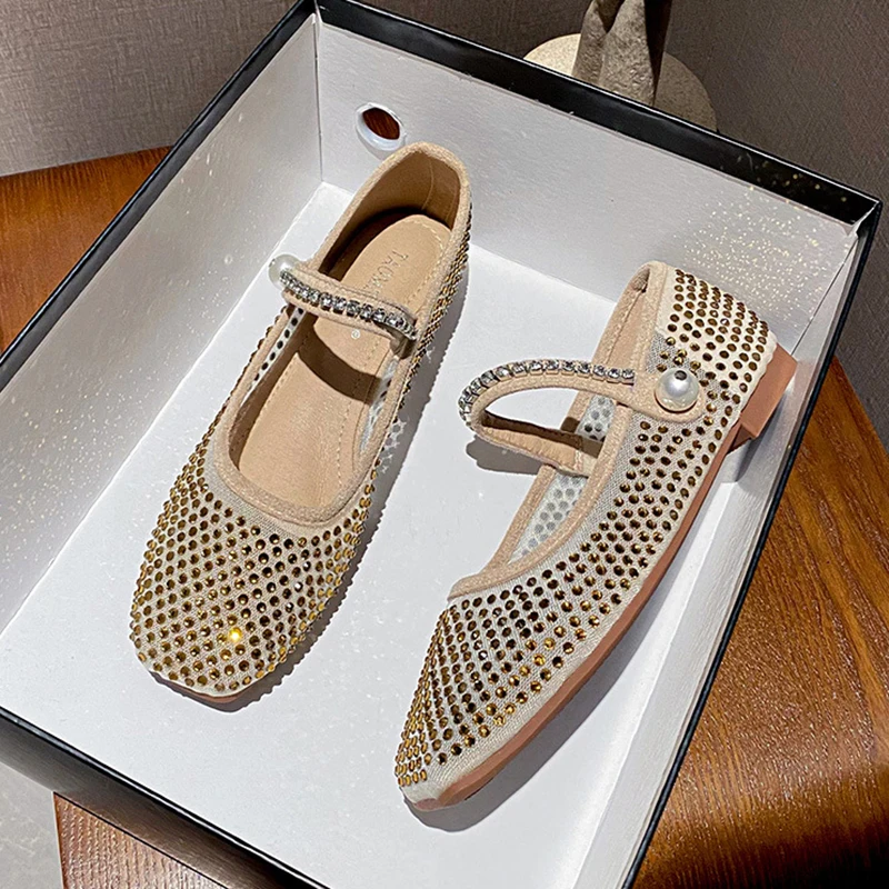 Brand-Air-mesh-Crystal-beading-flat-shoes-woman-glitter-baller-flats ...