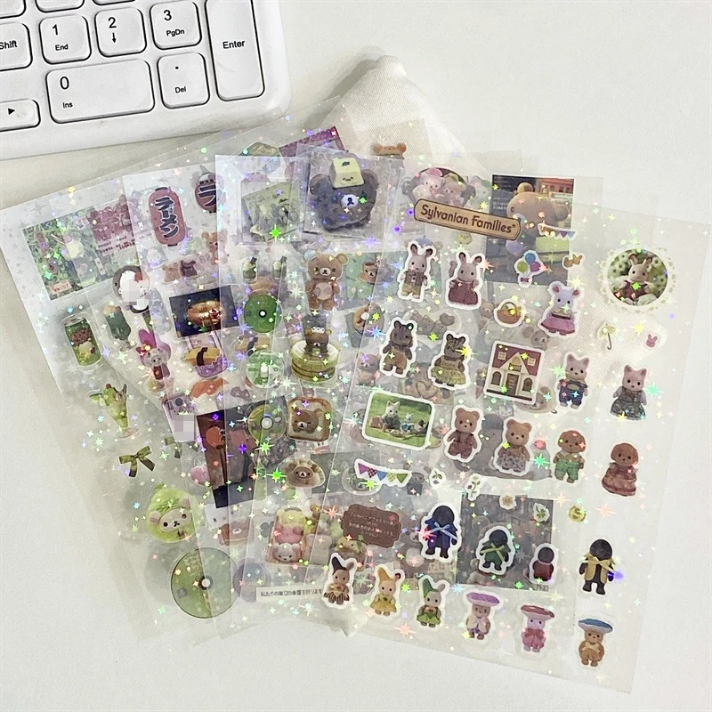 6Pcs Japanese Retro Early Laser Cut-film Sticker Cute Cartoon PET Decal ...