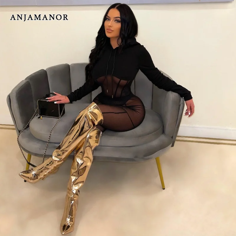 Anjamanor Black Sheer Mesh Contrast 2 Piece Sets Caged Pants Set Sexy