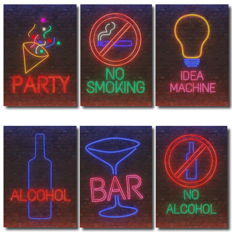 Neon-Bar-Party-Sign-Canvas-Painting-Prints-Street-Art-Neon-No-Smoking ...