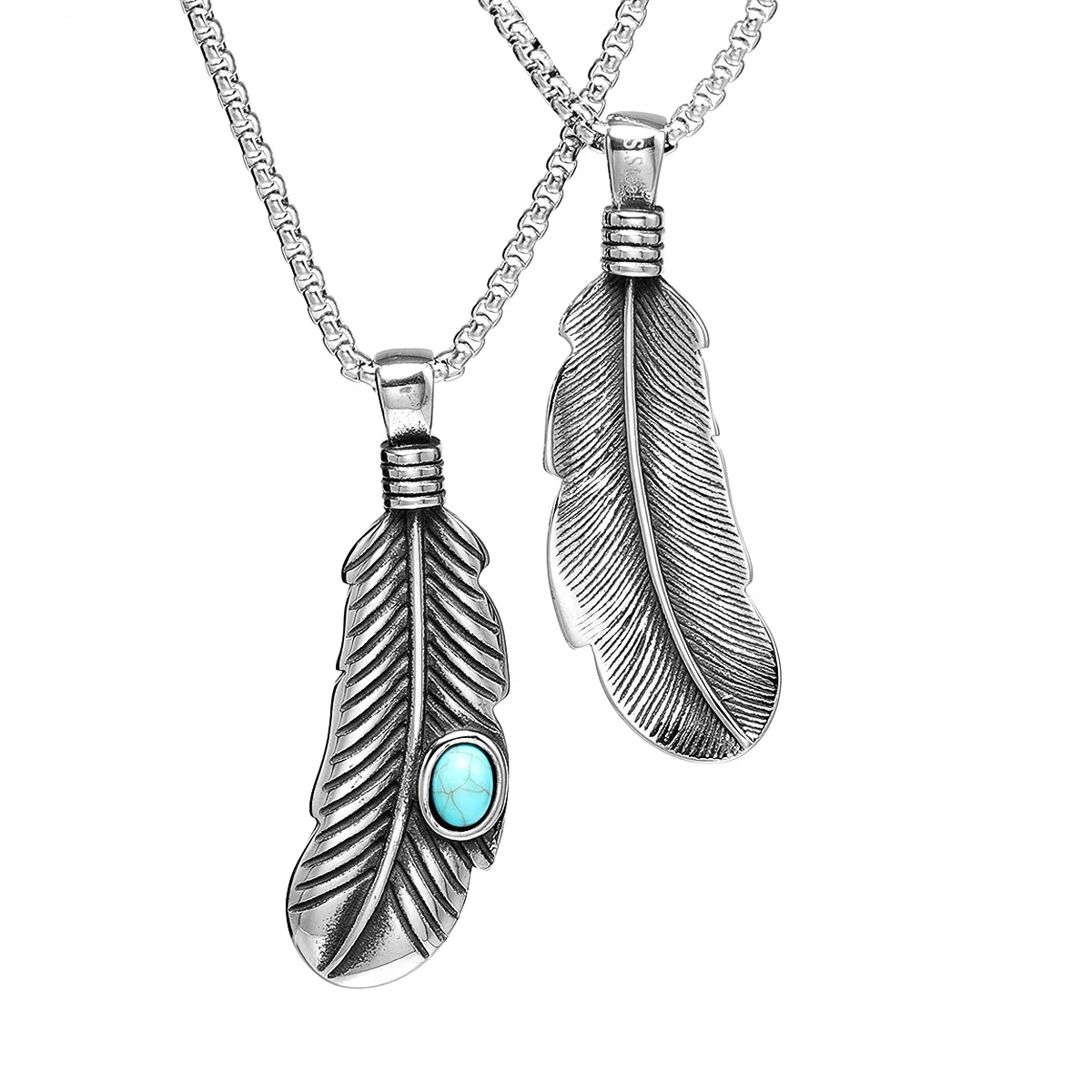 Vintage Feather Pendants Men Green Gem Necklaces 316L Stainless Steel ...