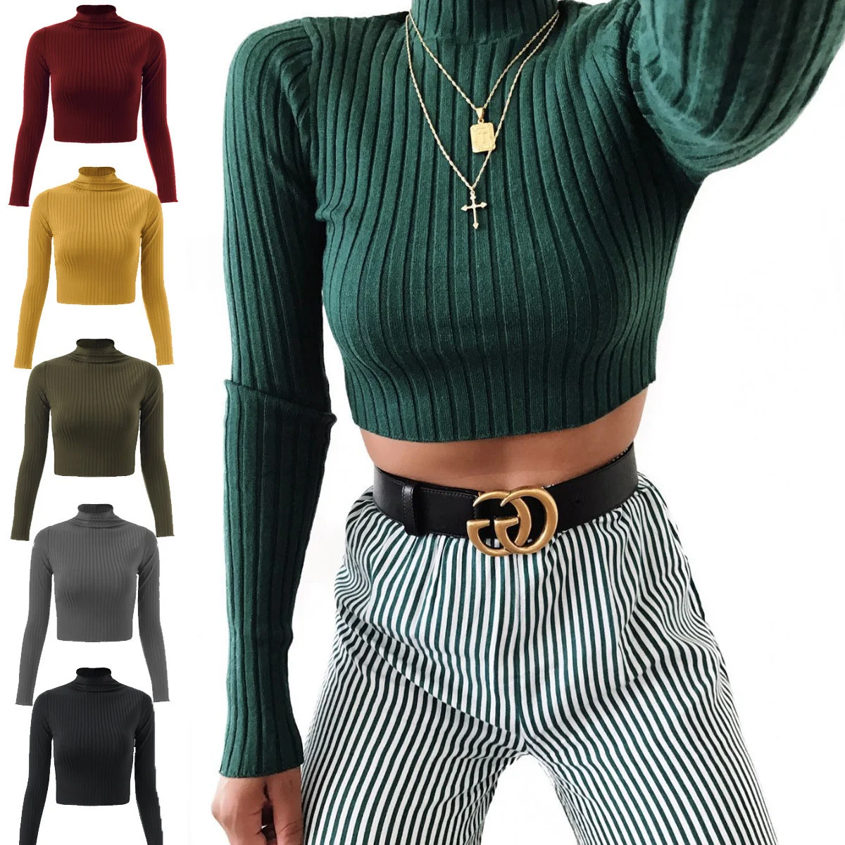 Su-teres-de-cuello-alto-para-mujer-Tops-recortados-descubiertos-con-ombligo-Sexy-jerseys-de ...