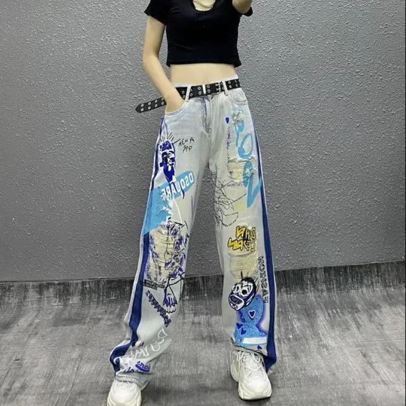 레터 프린트 헐렁한 청바지 여성 의류 패션 스트리트 빈티지 그래피티 하이 웨이스트 청바지 여성 캐주얼 청바지 바지