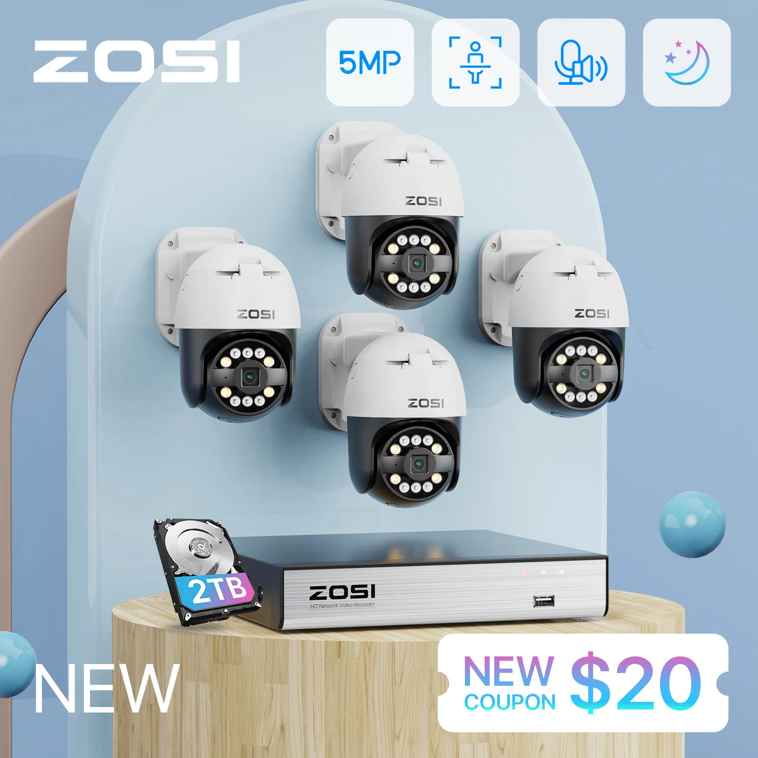 ZOSI 5MP PTZ PoE CCTV Security Camera System AI Face Person Vehicle Detect 4K 8CH Expand 16CH ...