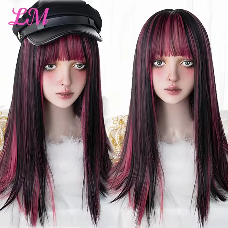 LM Long Black Mixed with Red Synthetic Wig Cosplay Lolita Harajuku Wig ...