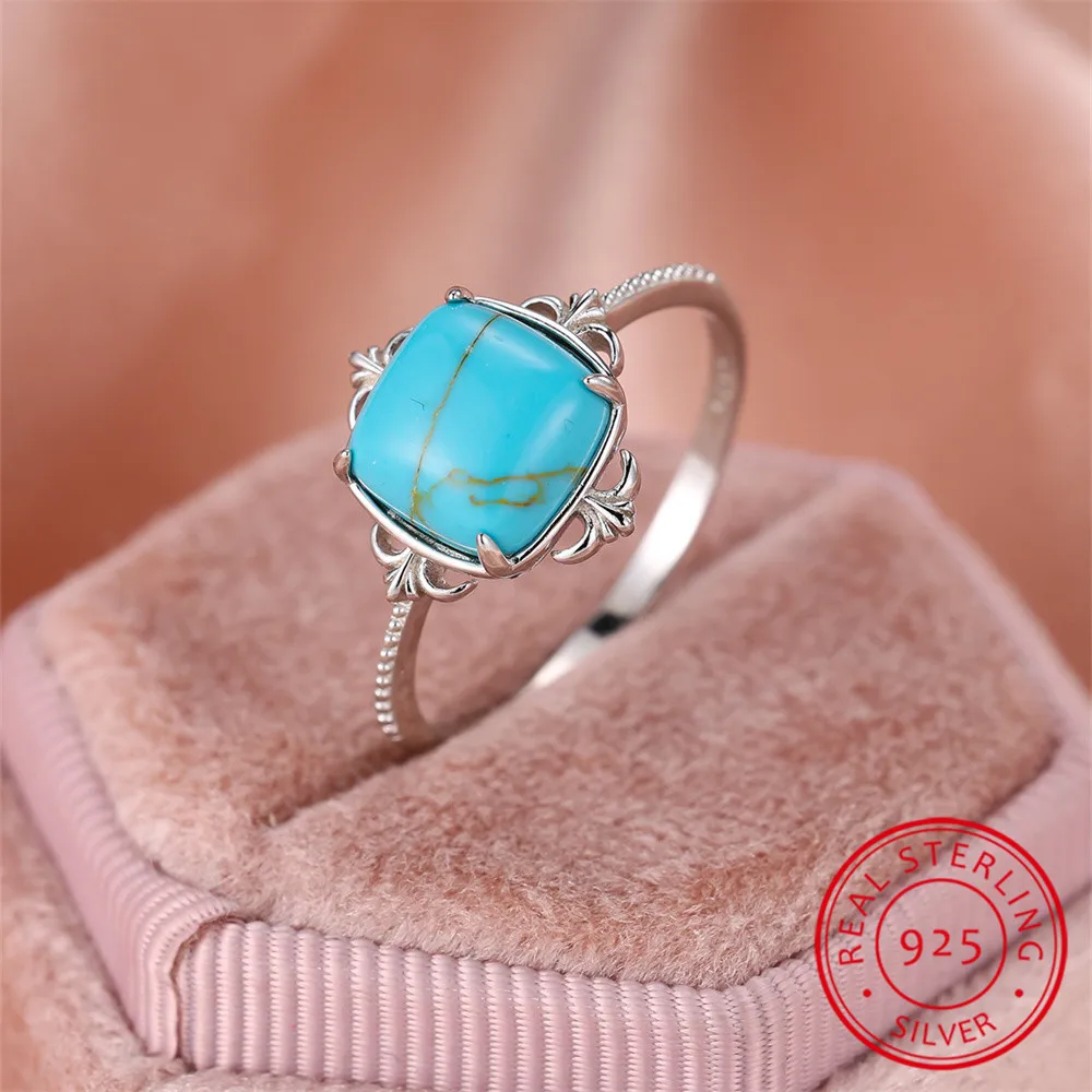 Fashion-Blue-Truquoise-Big-Square-Stone-Ring-Real-925-Sterling-Silver ...