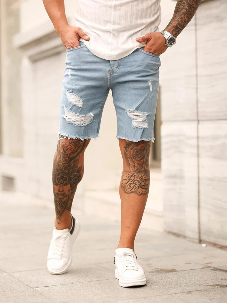 Verão Rasgado Shorts Jeans Homens Hip Hop Denim Pants Stretch Luz azul ...