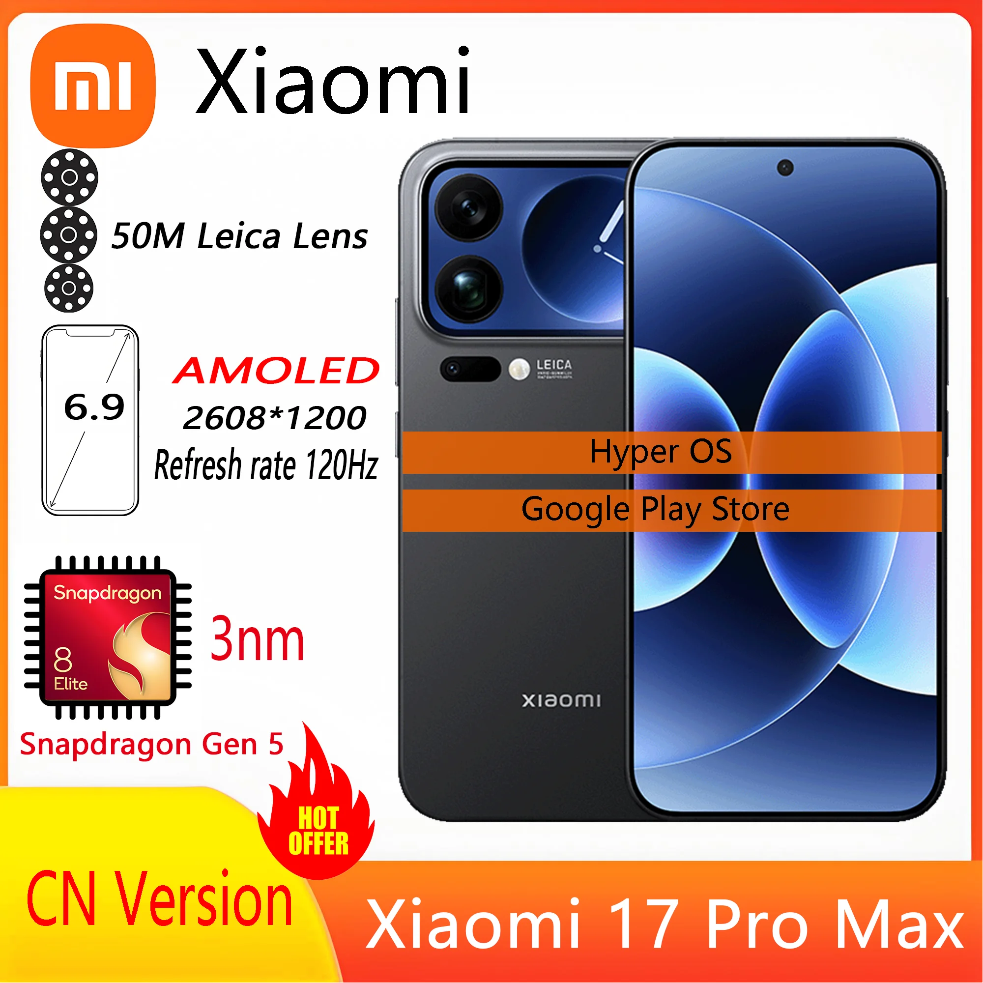 Versión CN Xiaomi17 Pro Max Smartphone pantalla de 6,9 "Snapdragon 8 ...