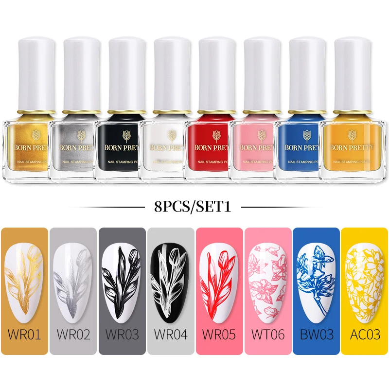 Born Pretty 7ml Stamping Nail Polish Set Gold Silver Black White Color ...