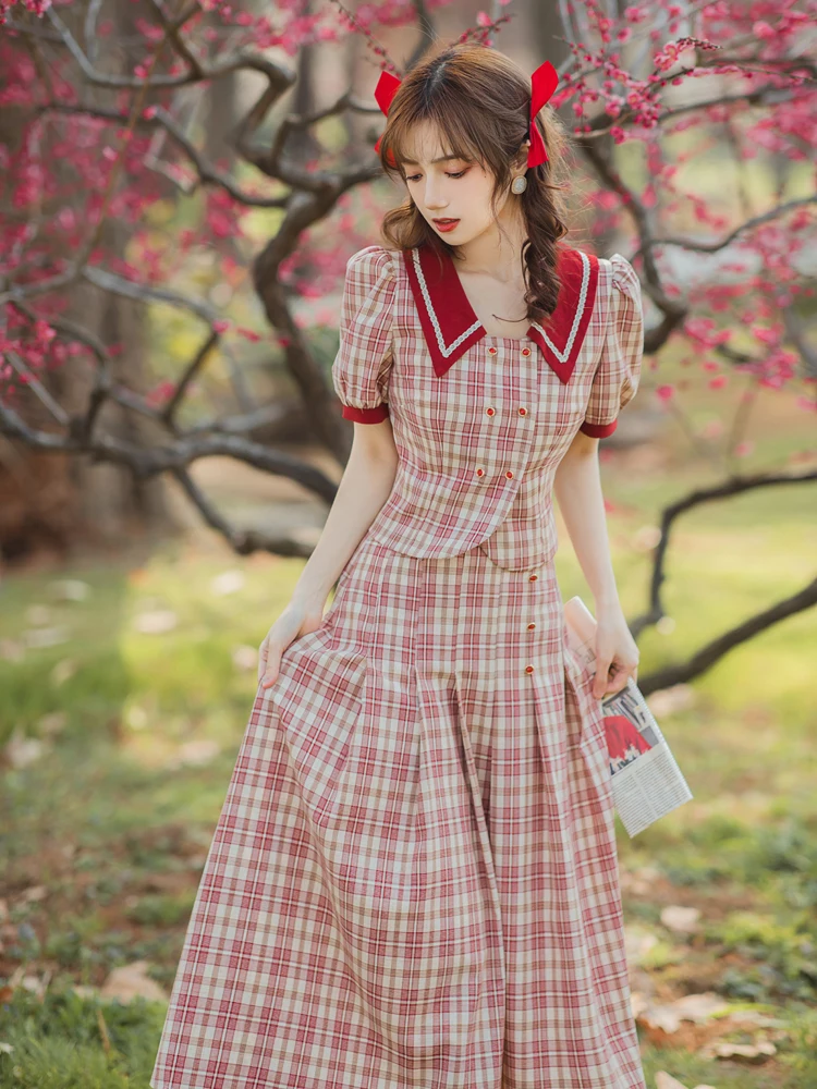 French-Preppy-Style-Sweet-Skirt-Suit-Plaid-Girl-2022-Lapel-Double ...