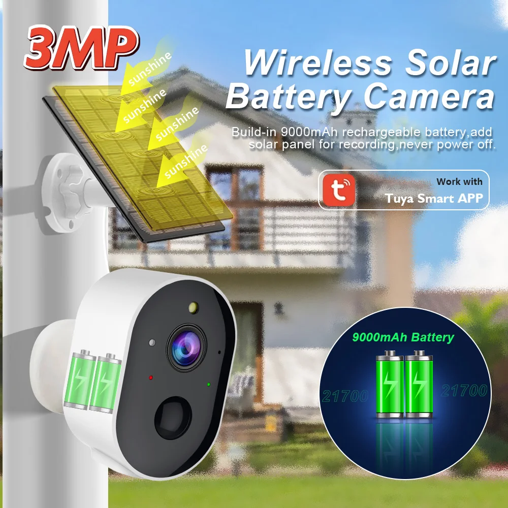 Outdoor Wireless Solar Camera 3MP Tuya Surveillance HD NightVision with ...