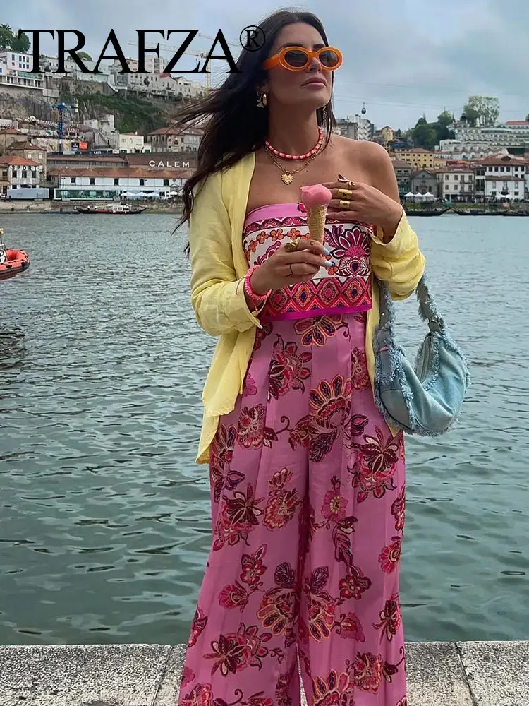 TRAFZA Mulheres Moda Floral Impressão Macacões Vintage Strapless Bodysuits Verão Mulher Casual ...