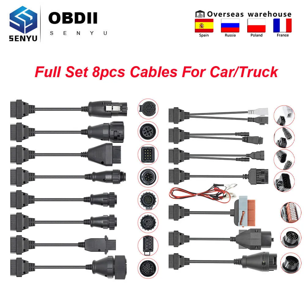Full Set 8 Truck Car Cables Obd Obd2 Connector Adapter Scanner For ...