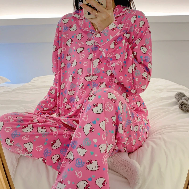 Hello Kitty Pajamas Pants Kawaii Pijama Y2K Pyjama Pink Fluffy Suit ...