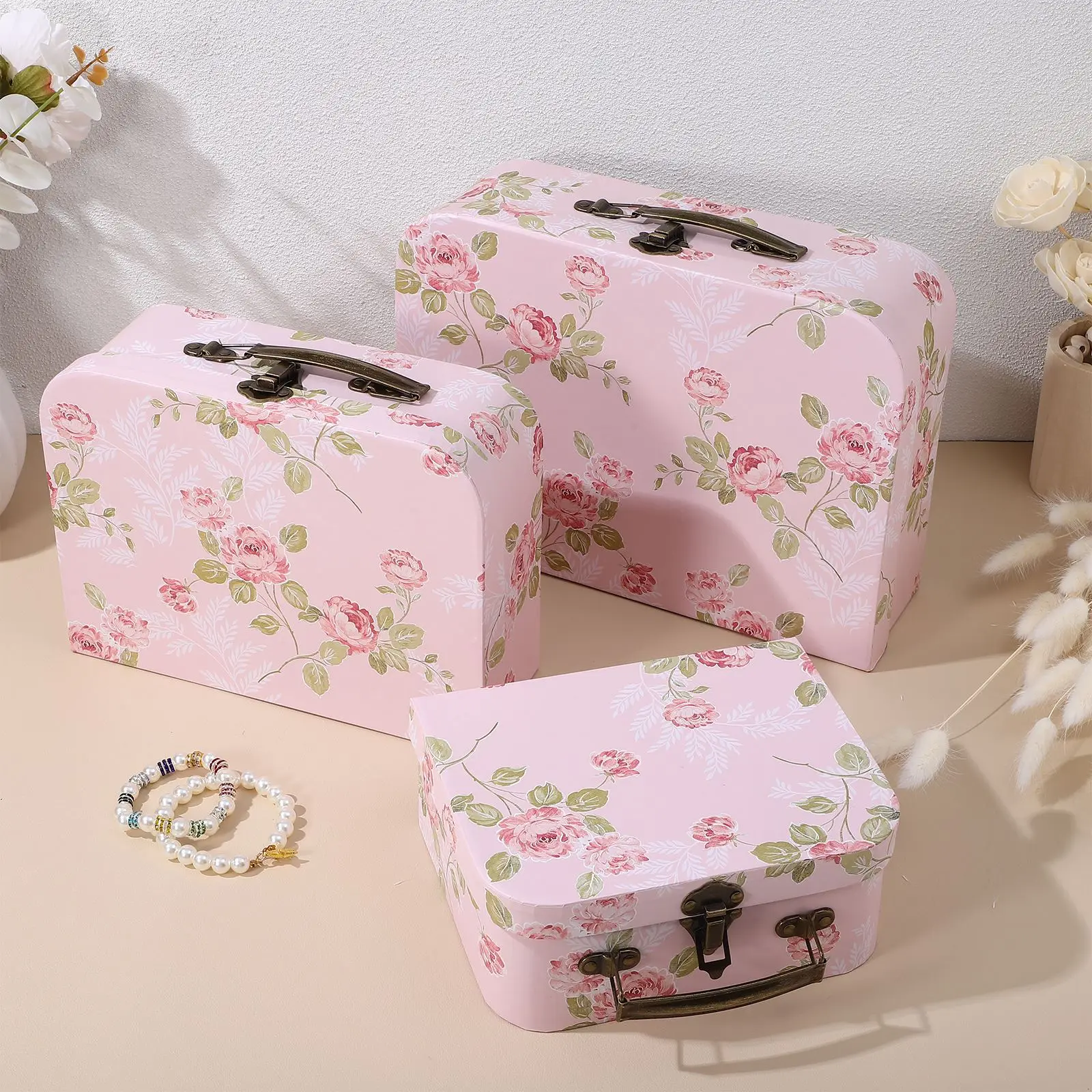 3-Piece Floral Print Gift Boxes Paperboard Suitcase Storage
