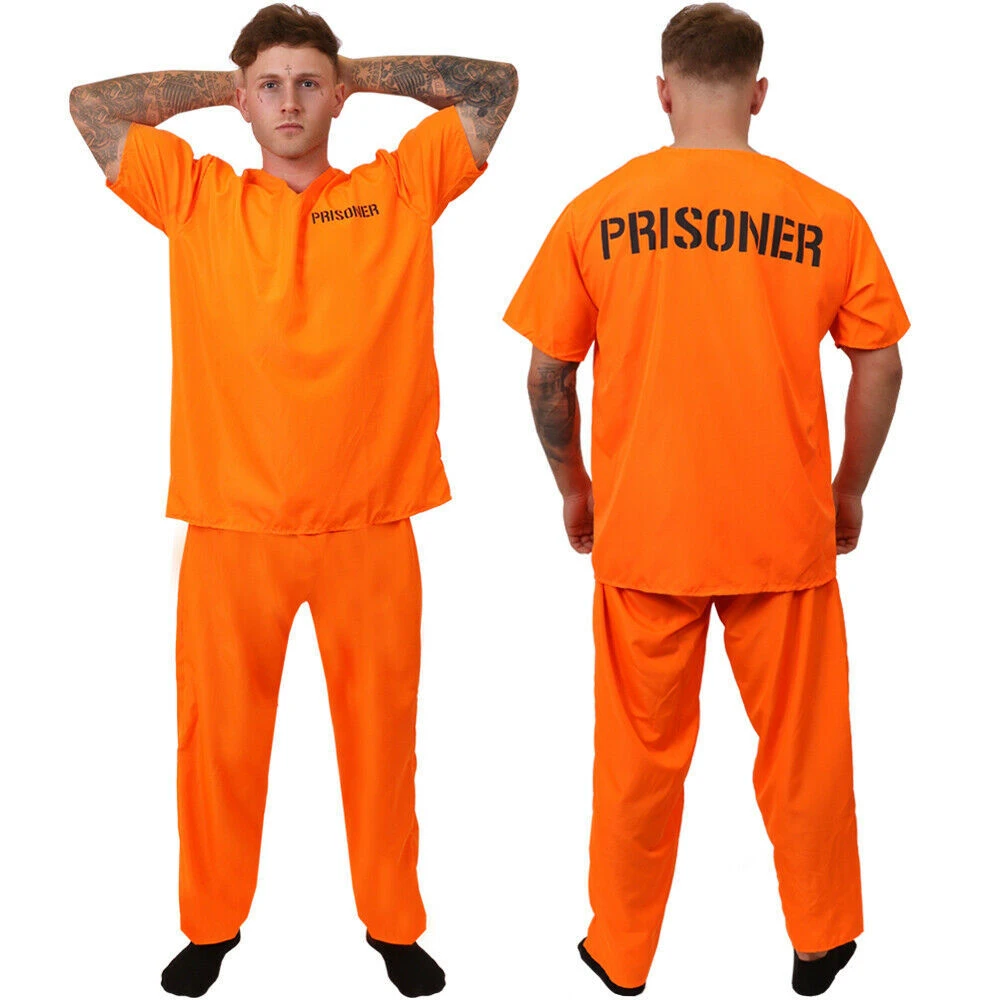 Adult Inmate Costume Orange Prisoner Jumpsuit Jailbird Outfit For ...