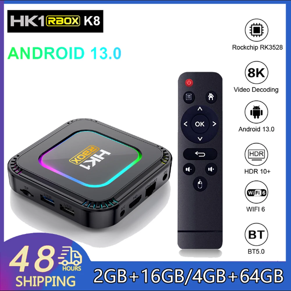 HK1 RBOX K8 Android 13 TV BOX RK3528 8K RGB Light WiFi6 Dual WiFi BT5.0 Video Decoding Media ...