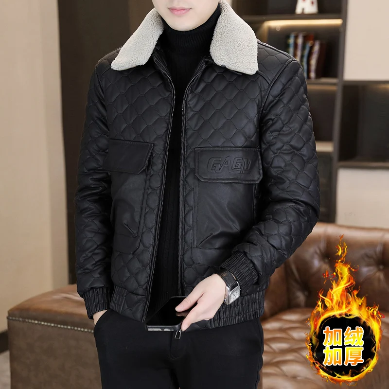 Winter Thick Leather Jacket for Men Faux Fur Collar Warm Motorcycle ...