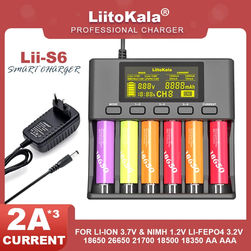 LiitoKala Lii-S6 3.2V 3.7V 18650 Battery Charger 6-Slot Auto-Polarity ...