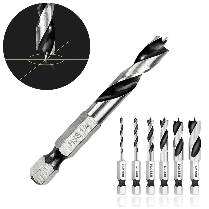 1-6-Pieces-HSS-Brad-Point-Stubby-Drill-Bit-with-1-4-inch-Quick-Change ...