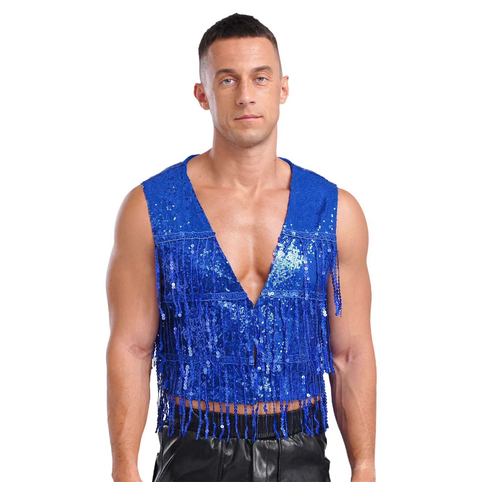 Womens Shiny Sequins Jazz Dance Vest Sleeveless V Neck Open Front ...
