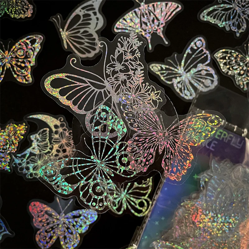 100pcs PET Butterfly Transparent Silver Color Stickers, Holographic ...