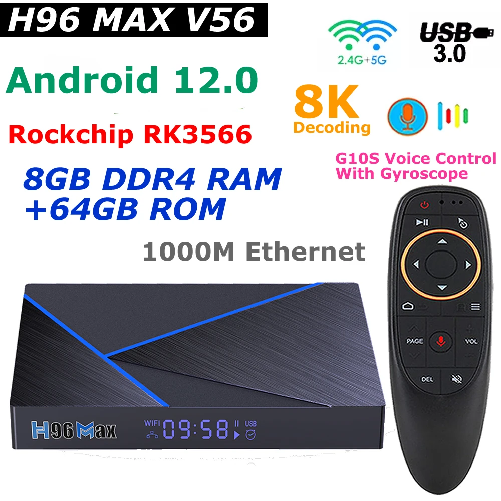 Android 12กล่องทีวี H96 MAX V56 Rockchip RK3566 8GB DDR4 RAM 6GB ROM 8K ...