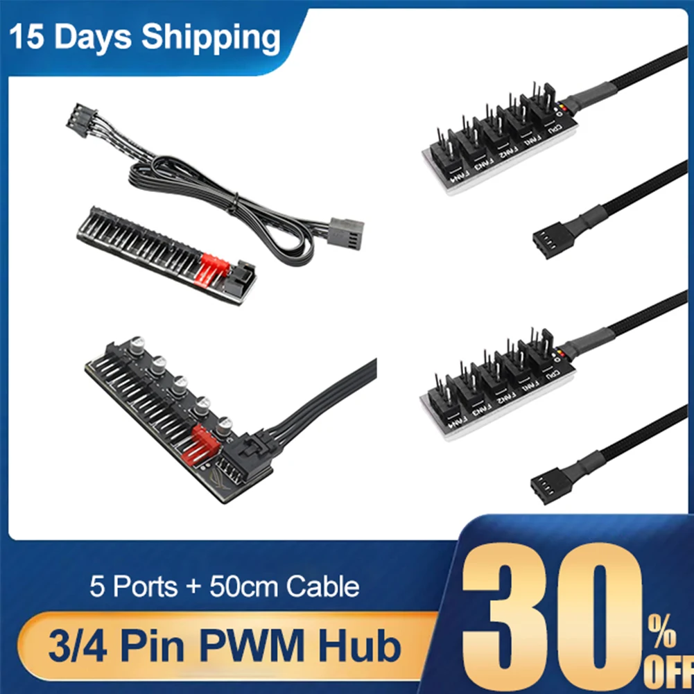 4 Pin 5 Port PC Fan Hub Splitter Speed Controller Adapter for 3/4Pin PWM Cooler Cooling Fan ...