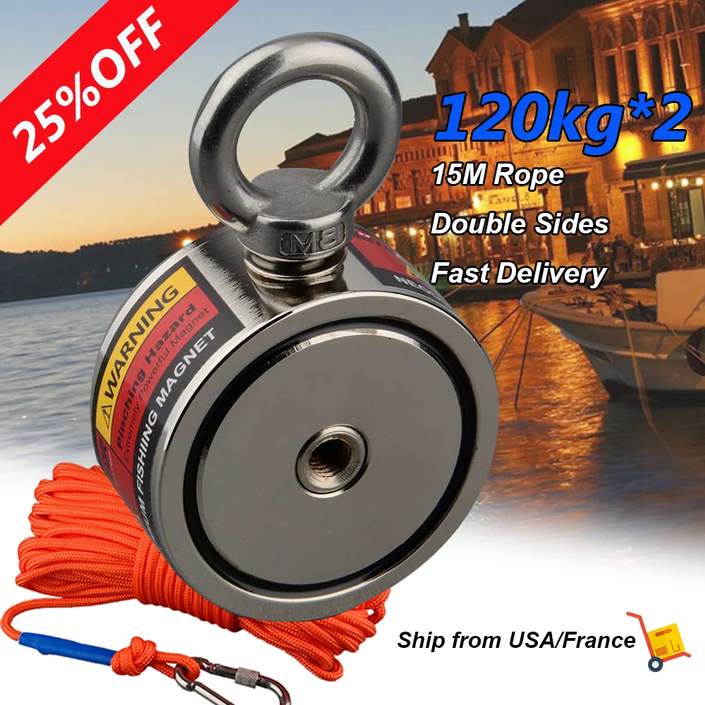 120KG-2-Two-Sided-Strong-Neodymium-Round-Magnet-Set-with-15m-Rope-Verticall-Pullforce-Fishing ...