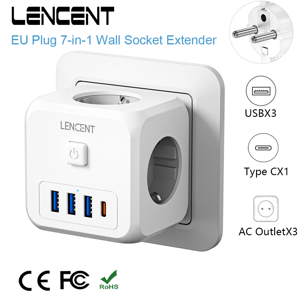 Lencent ue plug power strip com 3 tomadas ca + 3 portas de carregamento ...