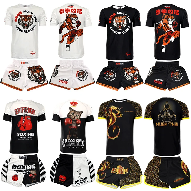 Muay Thai Shorts T-Shirt Set MMA Bjj Rashguard Kids Men Women Gym Sport ...