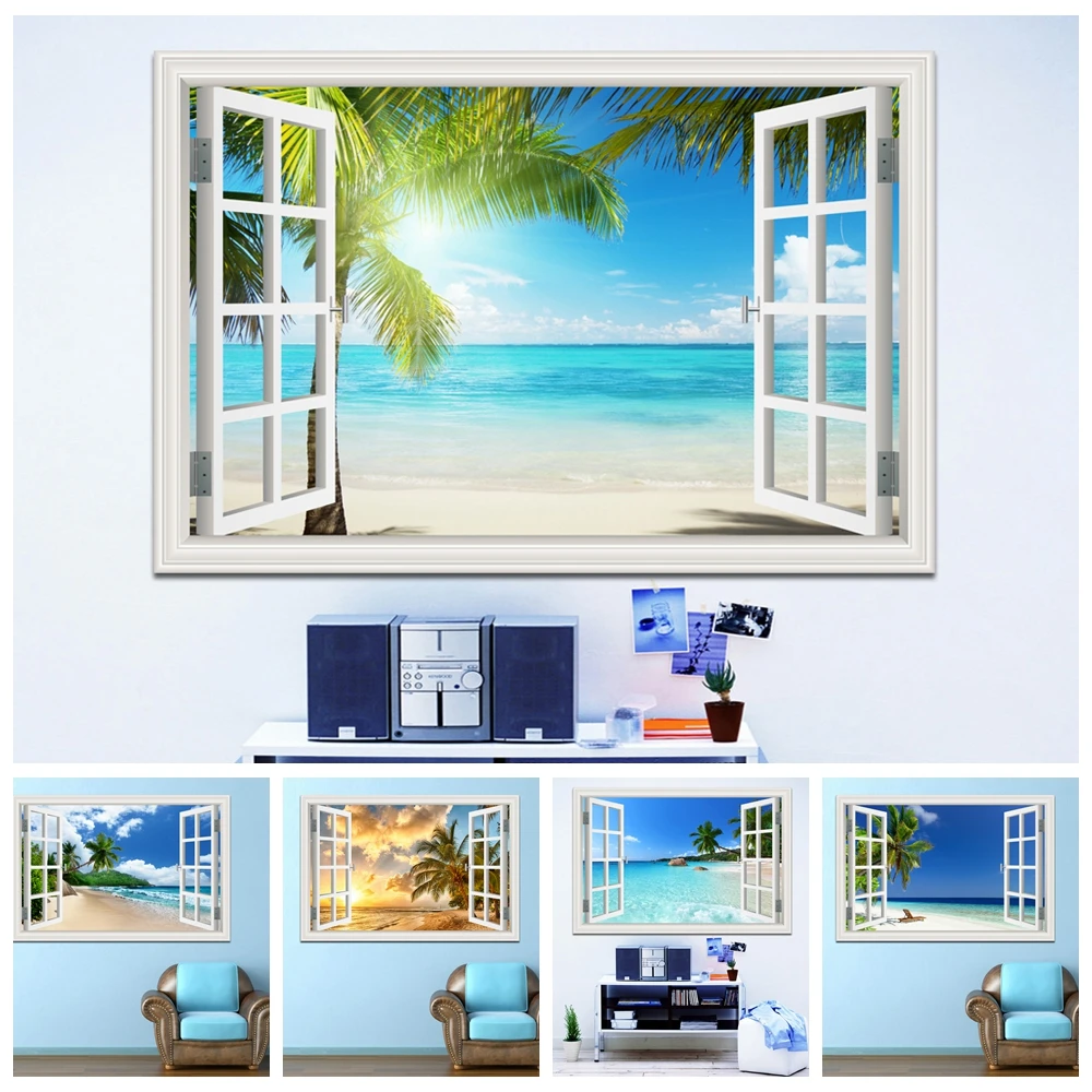3D-Window-View-Wall-Sticker-Beach-Summer-Beach-Coconut-Tree-Wall-Murals ...