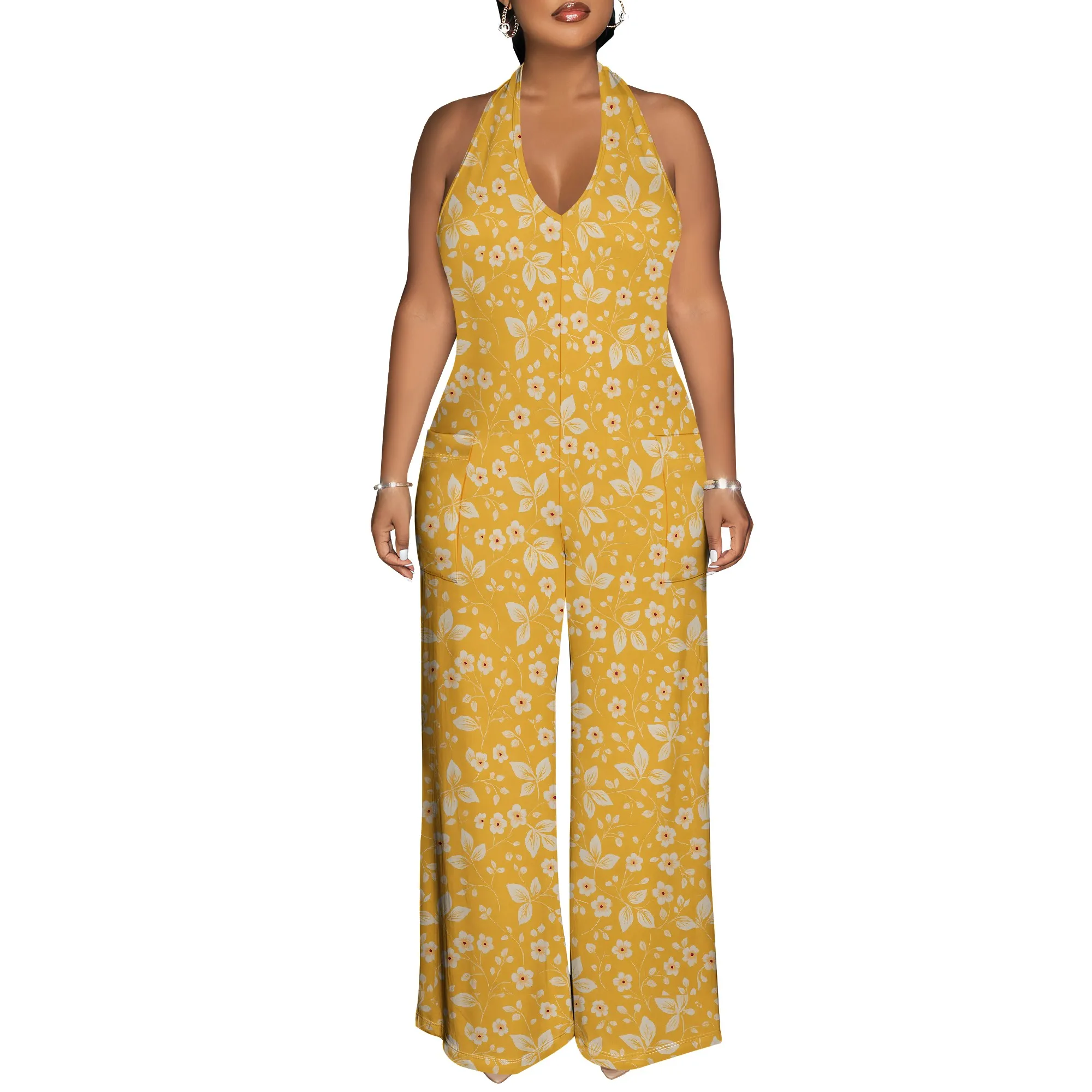 One Piece Jumpsuits For Women Halter Sleeveless V Neck Wide Leg ...