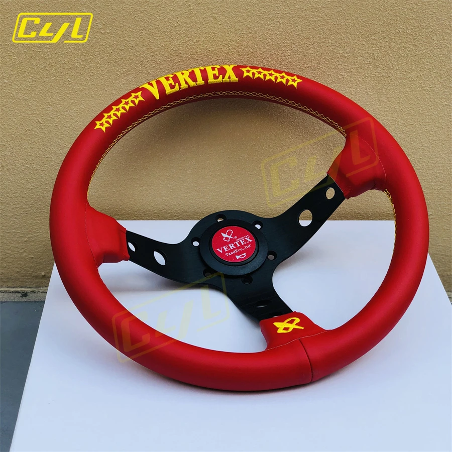 Vertex-Red-Star-Leather-Steering-Wheel-13inch-Deep-Dish-Modified-Drift ...