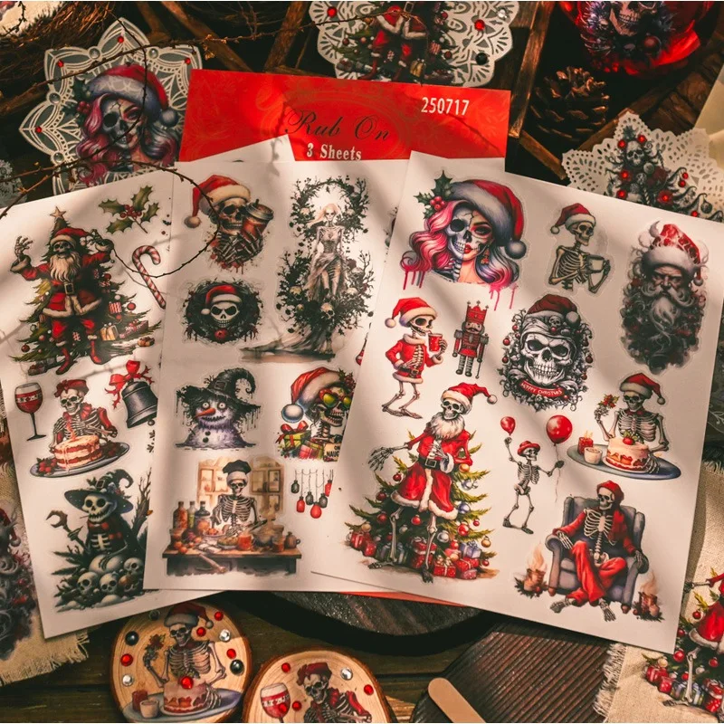 Retro Halloween Christmas Ghost Skeleton Rub-On Sticker with Xmas Hat ...