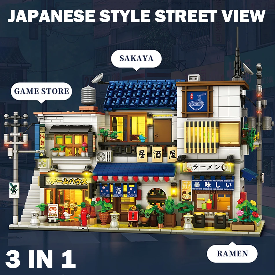 MOC City Japanese Style Street View Bricks LED Ramen Shop Sakaya Game ...
