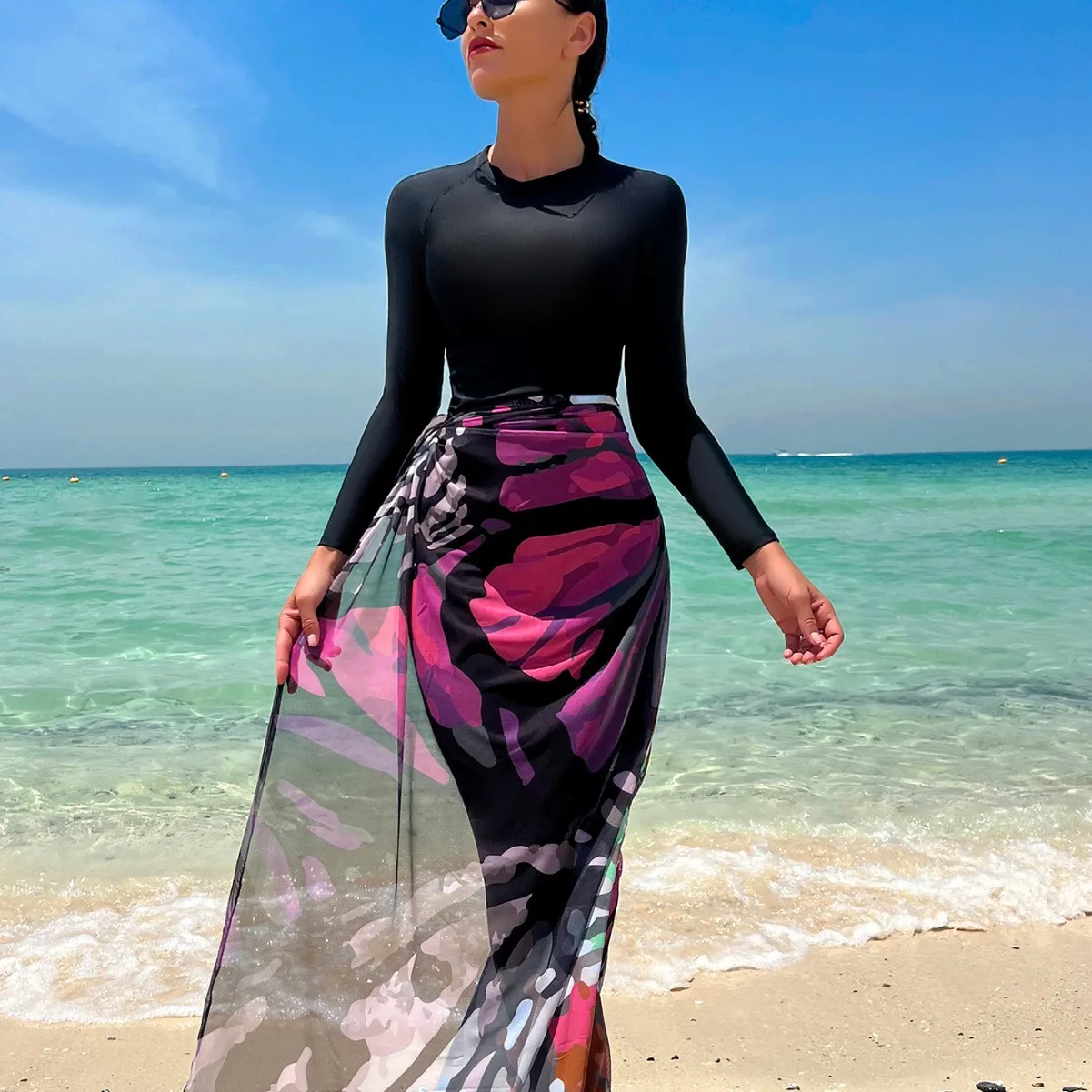 New-Burkini-femmes-Muslim-beach-swimwear-long-sleeve-long-belt-gauze ...