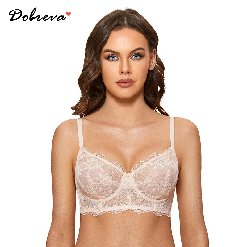Dobreva Women's See Through Lace Bra Low Back Sexy Balconette Bras Underwire Unlined Bralette ...
