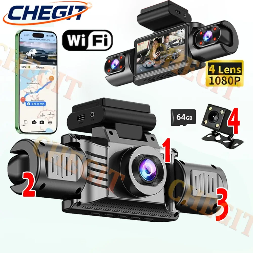 New 4 Channel Car Dash Cam Black Box WiFi Driving Camera 1080P 3/4Lens ...
