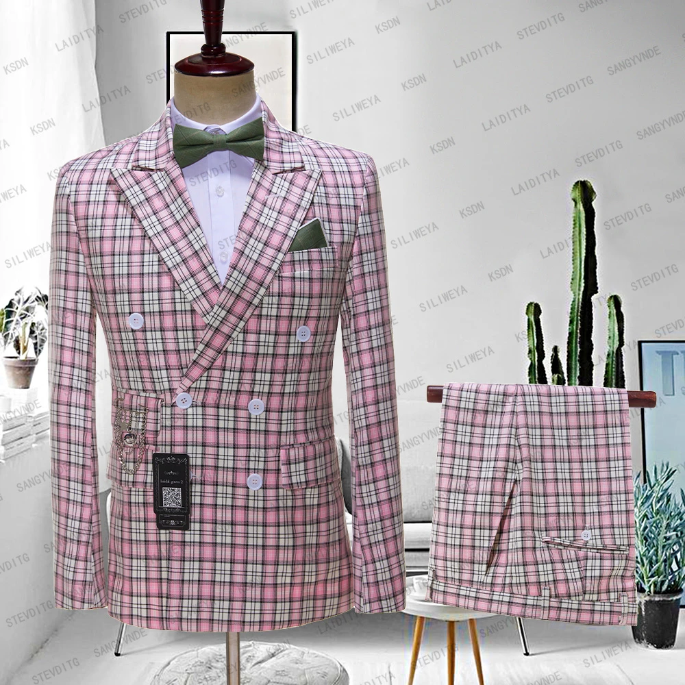 Conjunto de terno formal de treliça rosa masculino, trespassado duplo ...