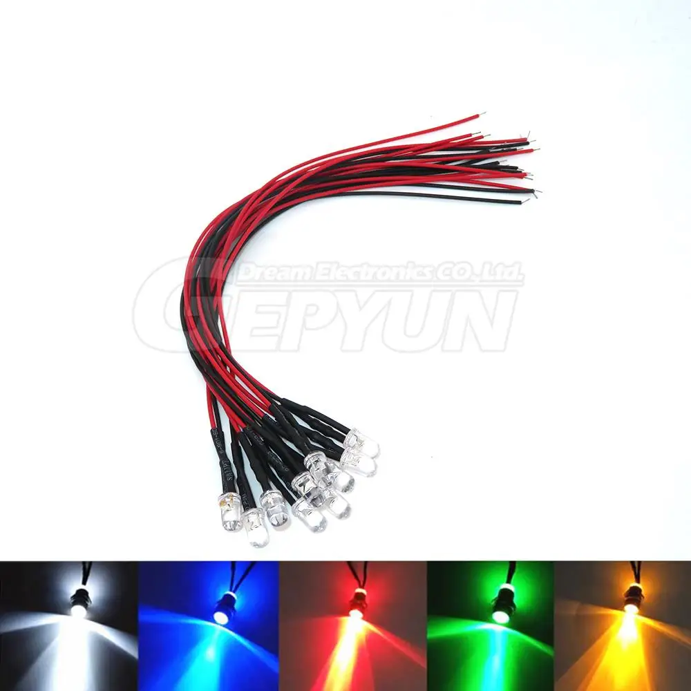 10pcs Dc 3v 6v 12v 24v Pre Wire Led Light 5mm Led yellow Red White Blue ...