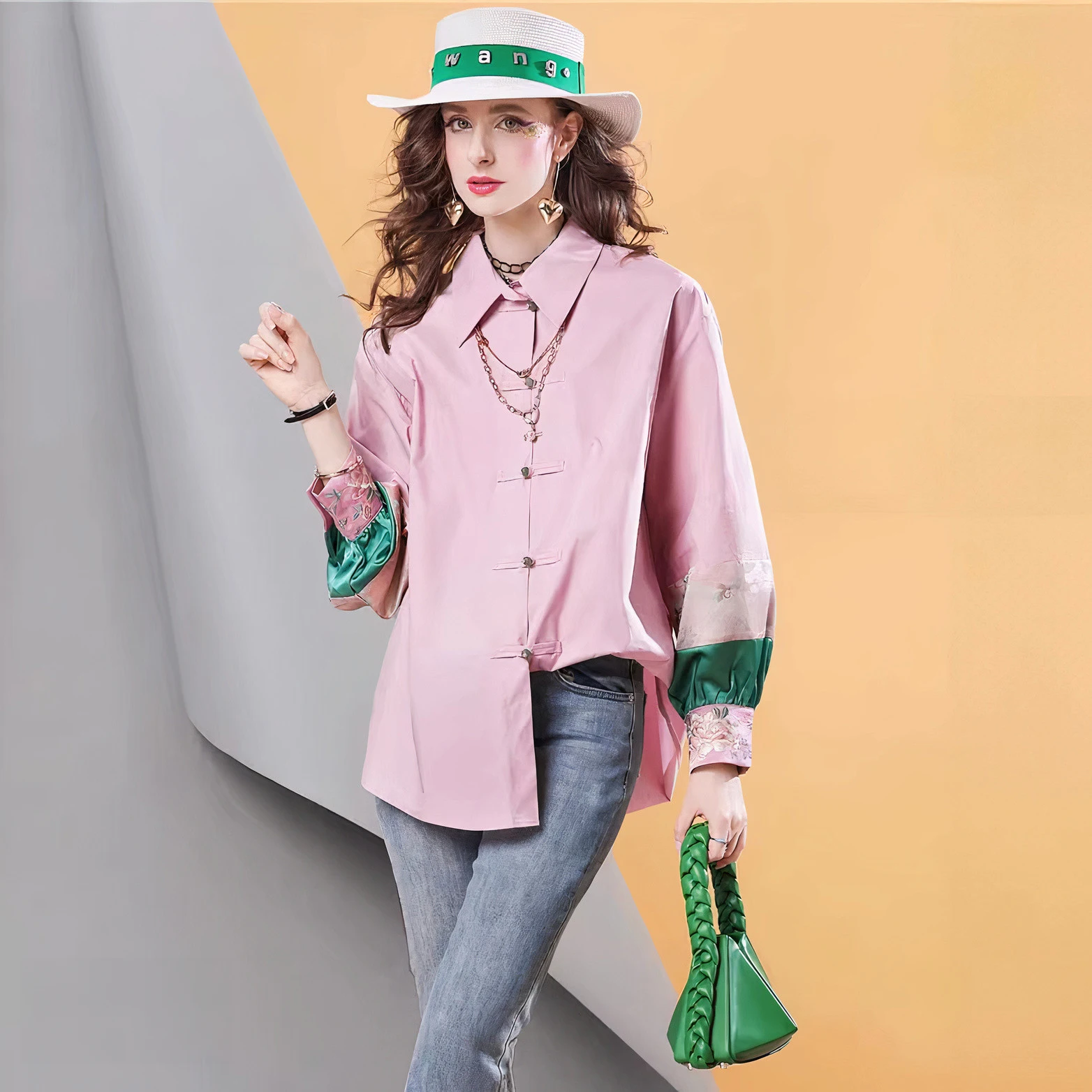 Spring high quality New Pink Women's Shirt Contrast Color Stitching ...