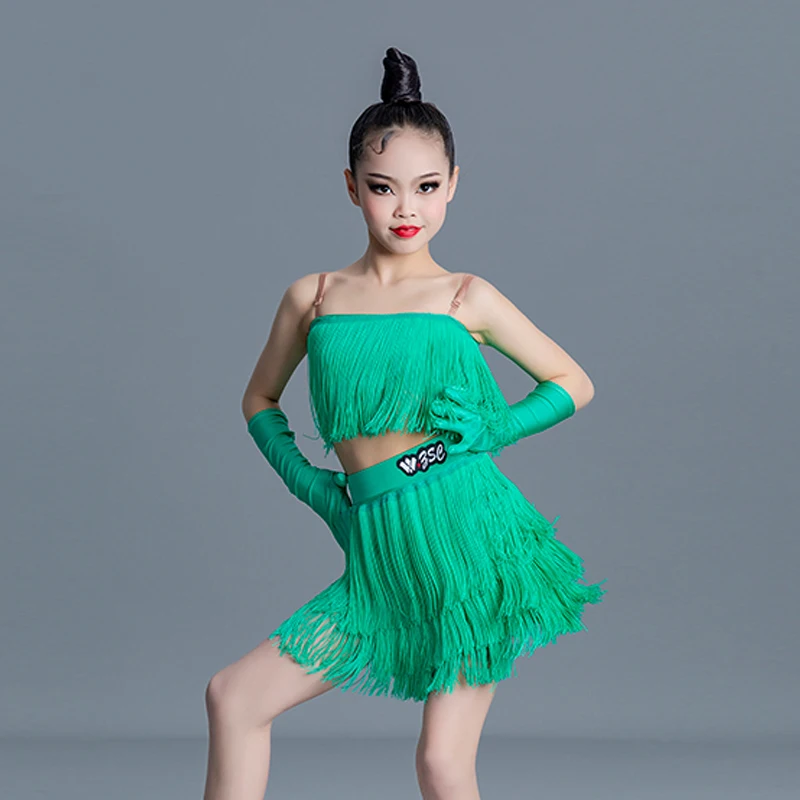Girls-Green-Latin-Dance-Competition-Costume-Tassel-Tops-Skirt-Rumba ...