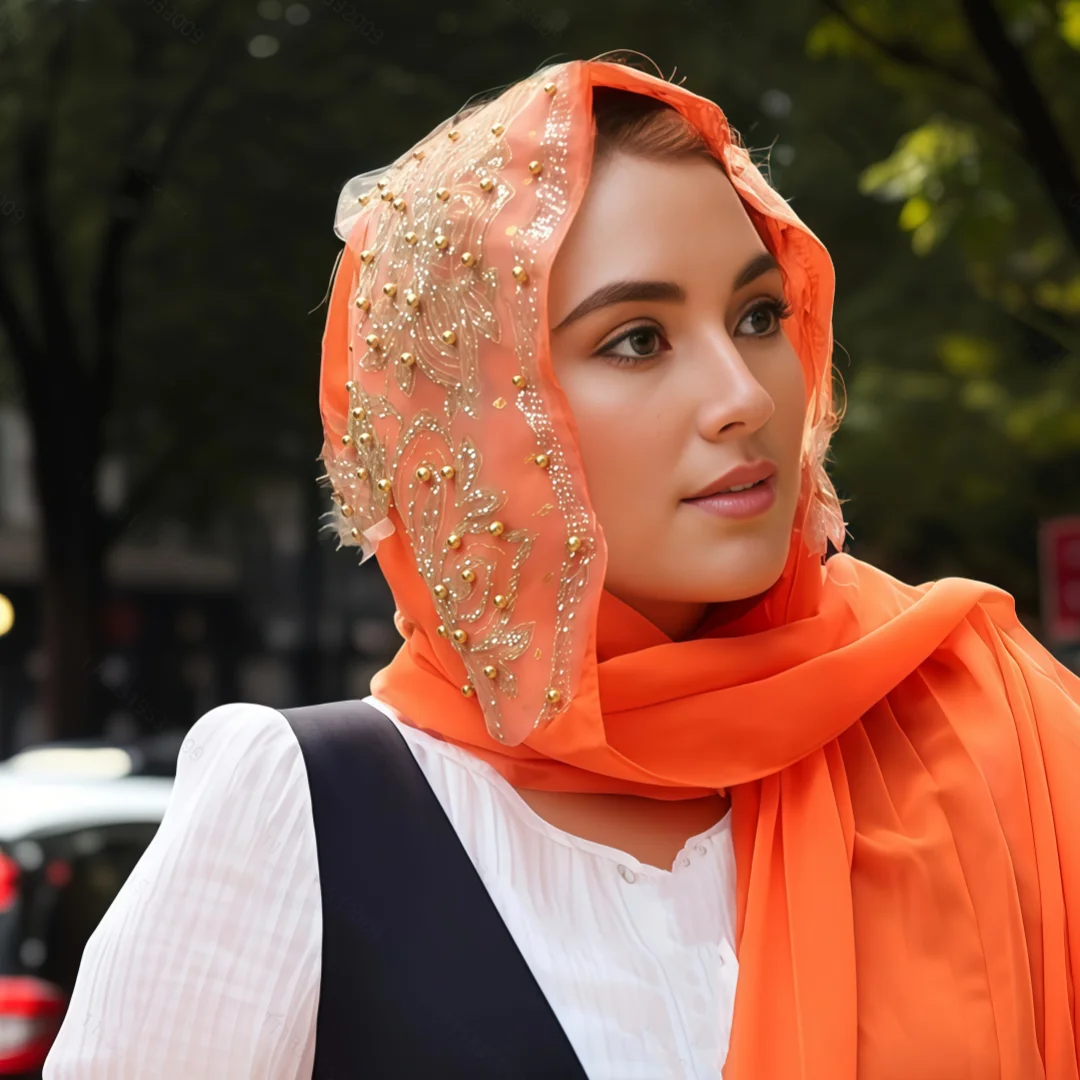 Sparkle Shimmer Gold Glitter Women Soft Chiffon Beaded Long Hijab Scarf ...