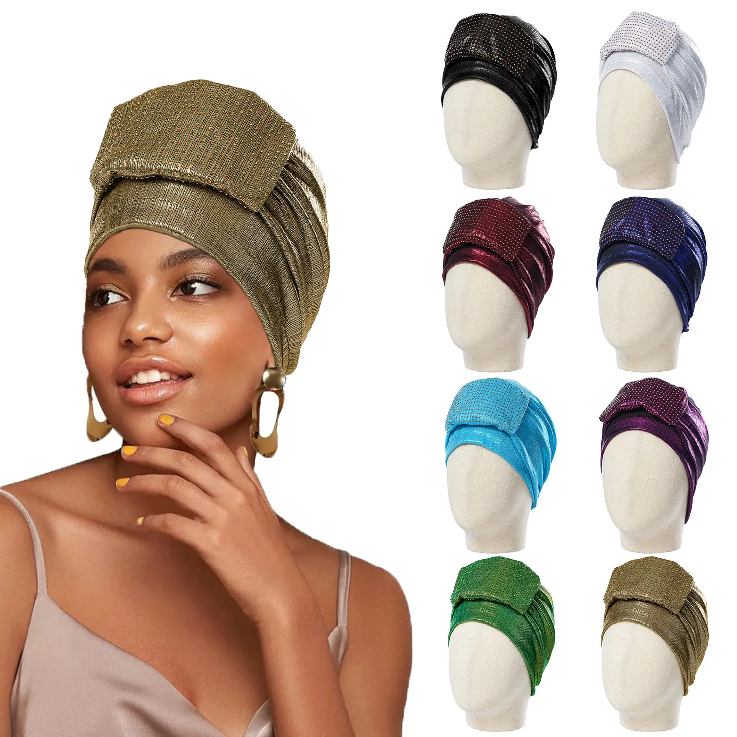 New African Headtie Diamonds Glitter Women's Turban Caps Muslim Hijab ...