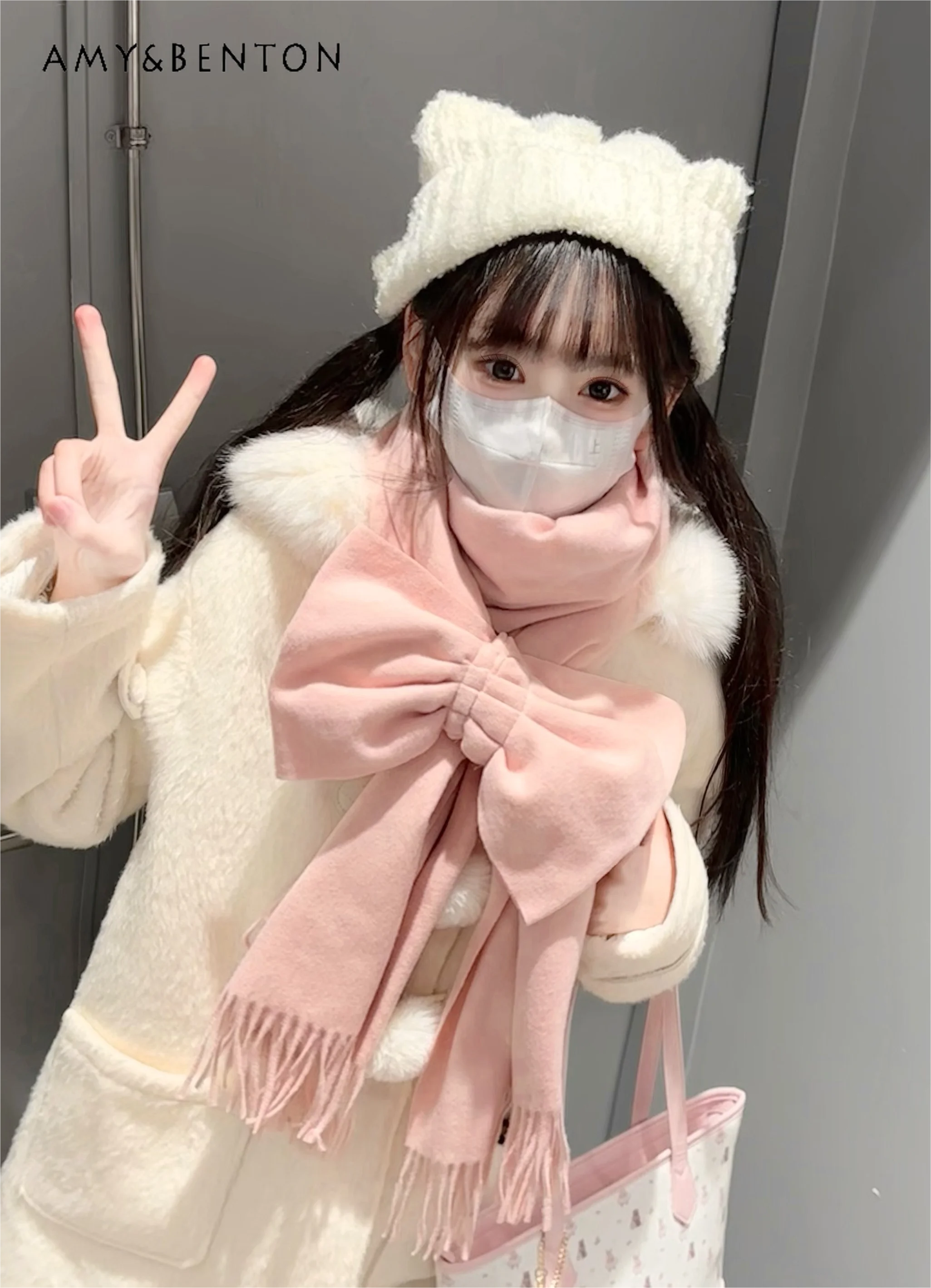 Sweet Girl Bow Scarf Women Winter New Cashmere Soft Tassel Cute Scarf ...