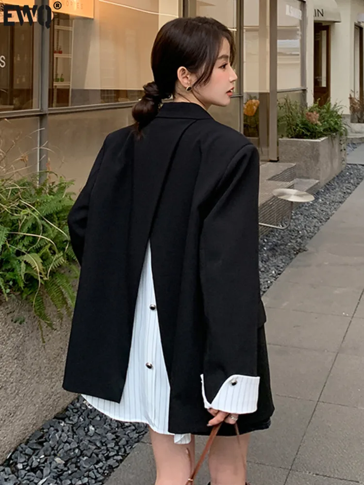 [EWQ] Backless Split Patchwork Blazer Coat For Women Double Breasted ...