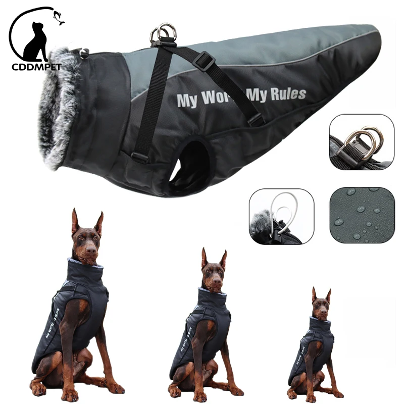 Waterproof Large Dog Clothes Winter Dog Coat With Harness Furry Collar ...