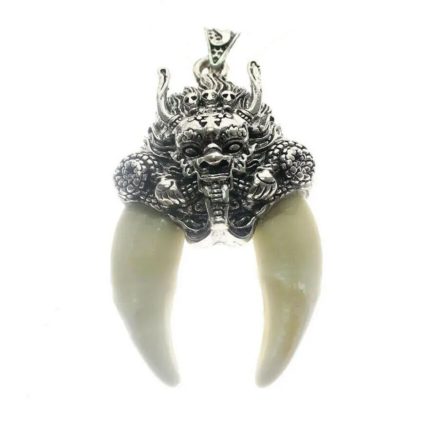 Tibetan-Silver-Wolf-Tooth-Necklace-Antiques-Man-Dragon-Head-Pendant ...