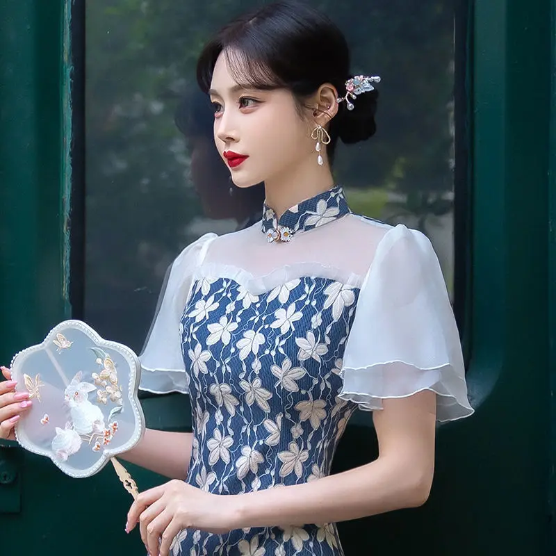 Green-Blue-Cheongsam-French-Floral-Short-Sleeve-Chiffon-Vintage ...